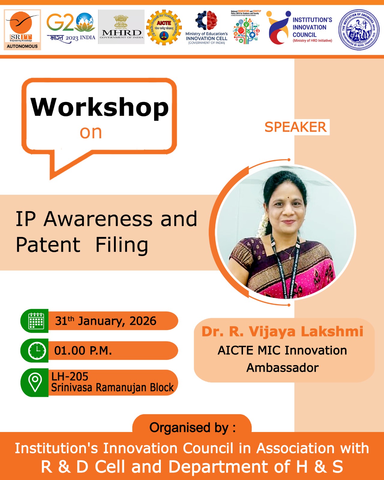 Workshop on IP Awareness and Patent Filing Workshop - Srinivasa ...